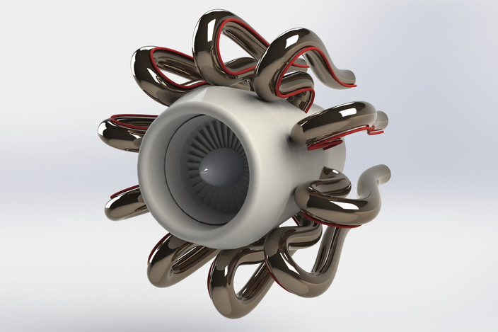Awesome jet engine with downpipes - SOLIDWORKS - 3D CAD model - GrabCAD