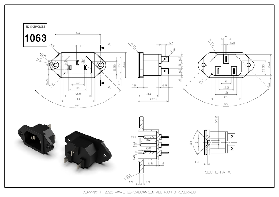 Studycadcam 3D CAD Exercise 1063/Power Socket/Autodesk Inventor Pro ...