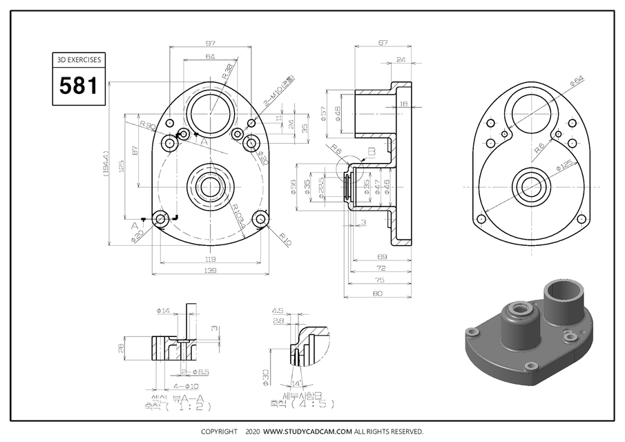 Studycadcam 3D CAD Exercise 581/ Gear Box Cover/ Cubierta Caja de ...